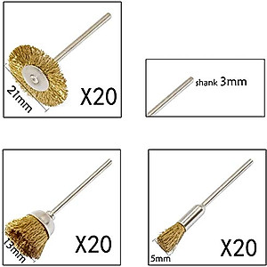 PHYHOO Brass Wire Brushes Cup Wheels Polish Cleaning Brush Kit Polishing Attachment Die Grinder Rotary Tools Accessories 3 MM Mandrel 60 Pieces