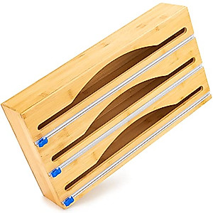 Foil Organizer for Drawer 15"- Long Bamboo Foil and Plastic Wrap Organizer, 3.8" tall 3 in 1 Wrap Dispenser with Cutter for Plastic Wrap, Tin Foil, Wax Paper up to 250 FT, Parchment Paper Up to 200 FT