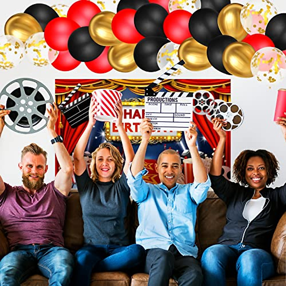 86 Pcs Movie Night Party Decorations Kit, Include Movie Night Themed Large Backdrop Movie Night Colorful Balloons Movie Night Table Cover Cake Topper for Movie Night Party Red Carpet Party Supplies