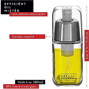 DWËLLZA KITCHEN Olive Oil Dispenser Bottle for Kitchen and Olive Oil Sprayer for Cooking Set – Olive Oil Sprayer Mister 6 OZ and Glass Oil Bottle 17 OZ with Measuring Pump Drip-Free Stainless Spout