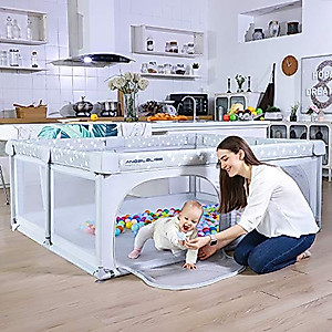 ANGELBLISS Baby Playpen, Large Baby Playard, Play Pens for Babies and Toddlers with Gate, Indoor & Outdoor Play Area for Infants, Kids Safety Play Yard with Star Print (Grey, 63"×47")