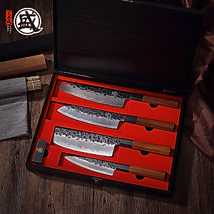 MITSUMOTO SAKARI Japanese Chef's Knife Set 4 Pcs, Professional Hand Forged Kitchen Chef Knife Set, High Carbon Ultra Sharp Cooking Chefs Knife Set (Rosewood Handle & Sandalwood Box)