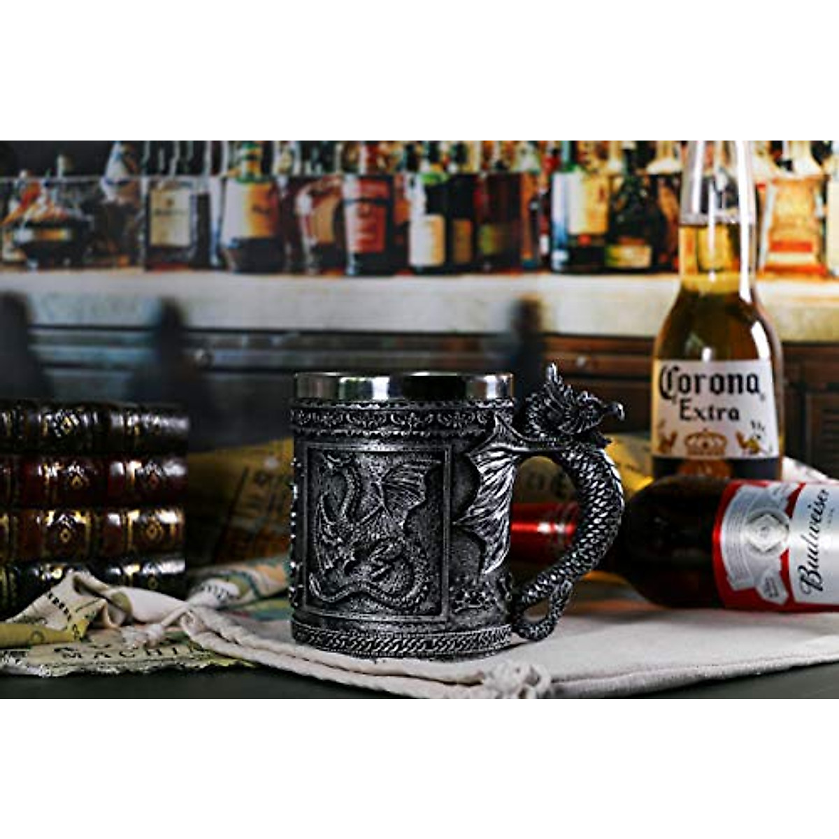 Medieval Roaring Dragon Mug - Dungeons and Dragons Beer Stein Tankard Drink Cup - 14oz Stainless Coffee Mug for GOT Dragon Lovers Collector - Ideal Novelty Gothic Father Day Gift Party Decoration