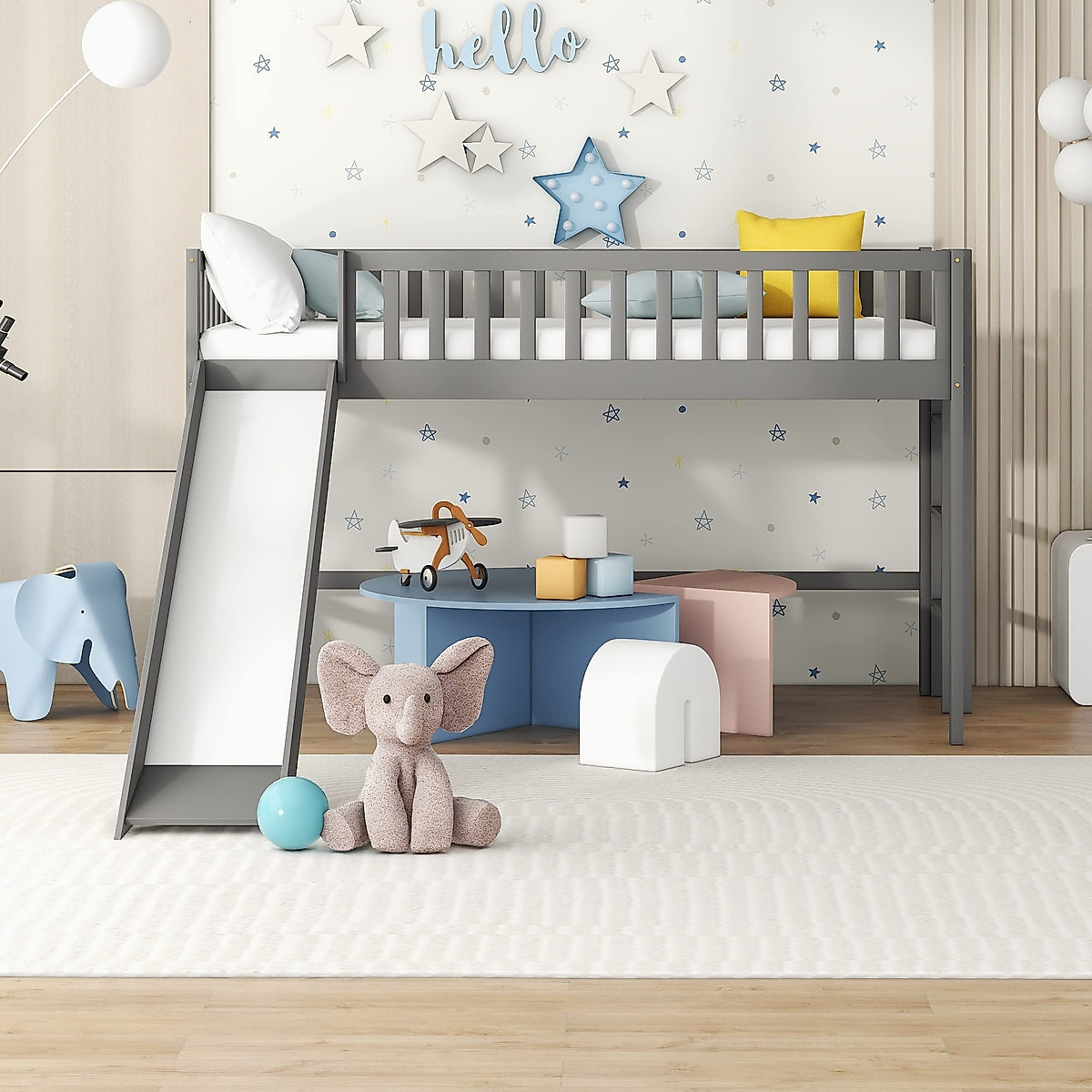 Bellemave Twin Size Low Loft Bed with Slide Wood Junior Loft Beds Frame with Ladder and Guardrails for Kids Boys Girls, Gray, Gray With Slide