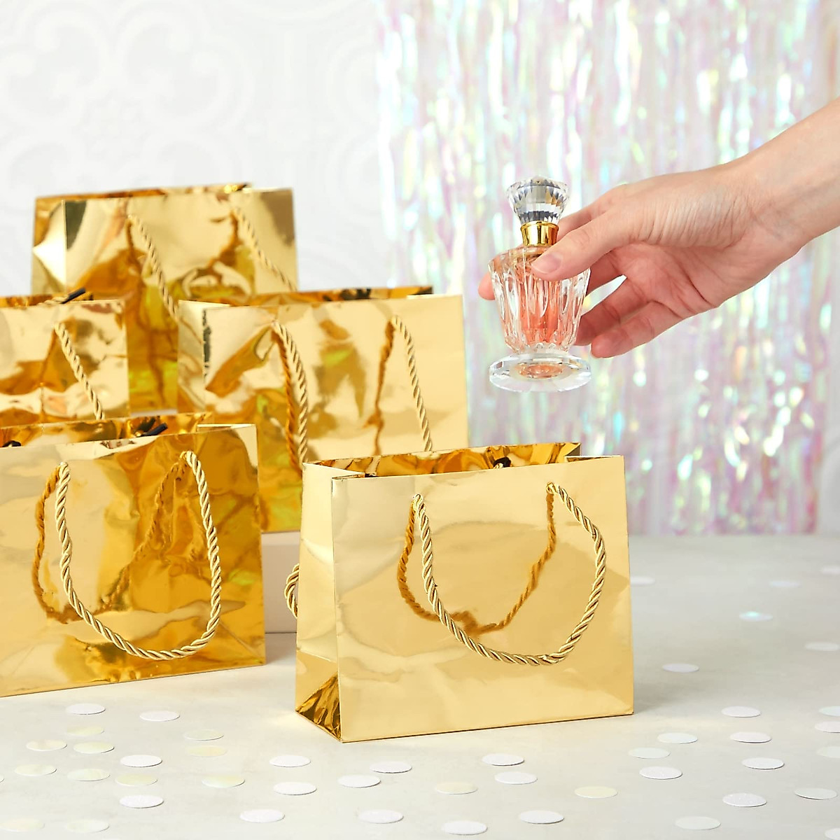 Sparkle and Bash 24 Pack Mini Metallic Rose Gold Gift Bags with Rope Handles, Reusable Paper Gift Bags (6 x 5 x 2.5 In)