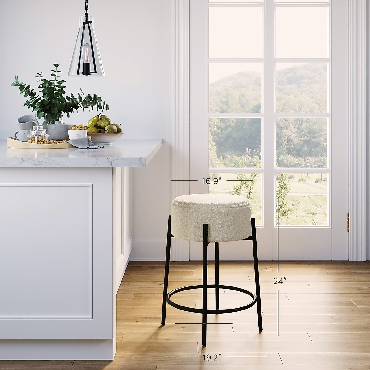 Nathan James Isaac 24" Modern Backless Bar Stool with Round Soft Padded Boucle Seat and Metal Mid-Century Base, Boucle White/Black