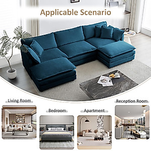 Suheww 111.5" Oversized U-Shaped Modular Sectional Sofa Couch for Living Room, Modern Soft Chenille Large Cloud Couch, Comfy Deep Seat with Chaise & Movable Ottoman (Blue, U-Shaped 3 Seat)