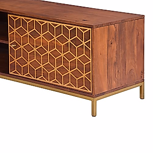 The Urban Port Kalyn 75-Inch Handcrafted TV Media Console Entertainment Center, 2 Doors, Center Shelf, Geometric Design Print, Brown Acacia Wood, Brass