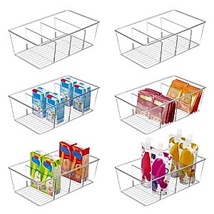 Vtopmart 6 Pack Food Storage Organizer Bins, Clear Plastic Bins for Pantry, Kitchen, Fridge, Cabinet Organization and Storage, 4 Compartment Holder Packets, Snacks, Pouches, Spice Packets