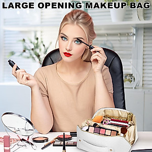 AURUZA Large Capacity Makeup Bag, Travel Cosmetic Bag With Handle and Divider Flat Lay Makeup Organizer Bag, Portable Toiletry Bag,Makeup Storage Bag,Makeup Brush Bag for Women (White)