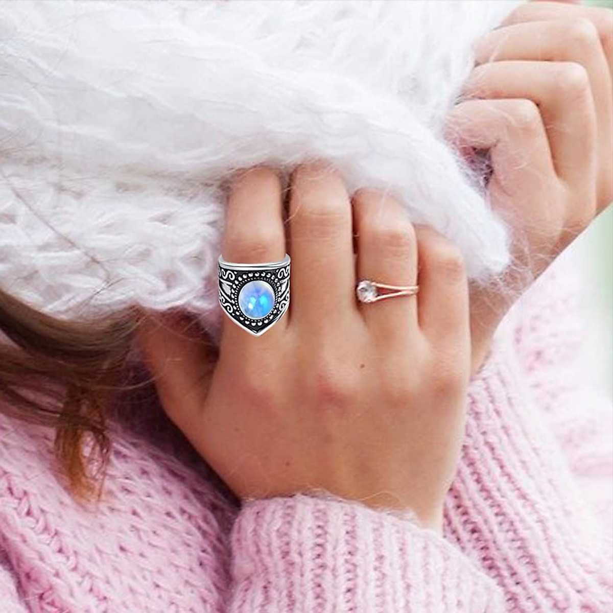 MYLYAHY S925 Sterling Silver Round Moonstone Full Finger Wide Bands Ring,S925 Sterling Silver Retro Vintage Antique Crystal Big Large Thumb Index Bands Ring,Natural Genuine Real Gemstone Boho Statement Bands Ring Jewelry Gift for Women Girls Her (Ring_C,