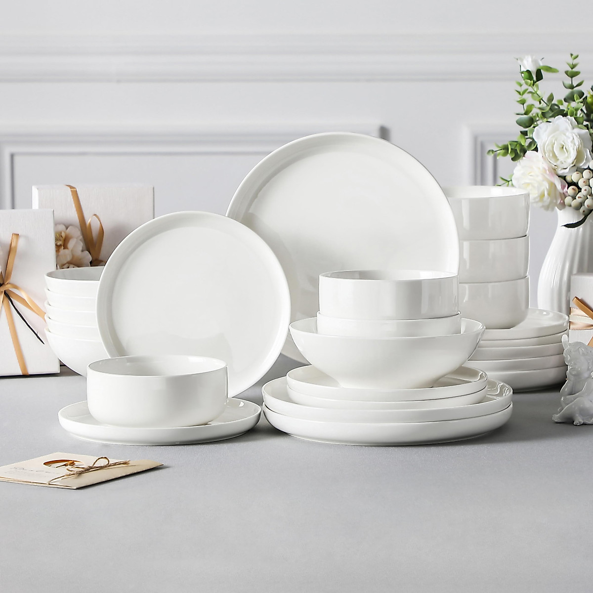 MALACASA Plates and Bowls Sets, 24 Pieces Modern Porcelain Dinnerware Set for 6 Ceramic Dishware Dishes White Kitchen Dinner Dining Ware Set Microwave and Dishwasher Safe, Series LUNA