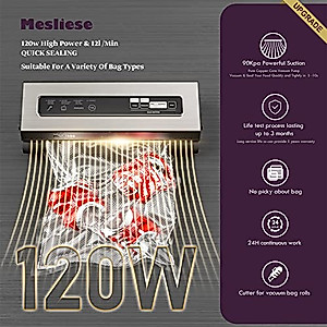 Mesliese Vacuum Sealer Machine Powerful 90Kpa Precision 6-in-1 Compact Vacuum Food Preservation System Built-in Cutter, Include 2 Bag Rolls & 5 Pre-cut Bags, Widened 12mm Sealing Strip, Dry&Moist Modes Smart Suction, ETL Listed (Silver)