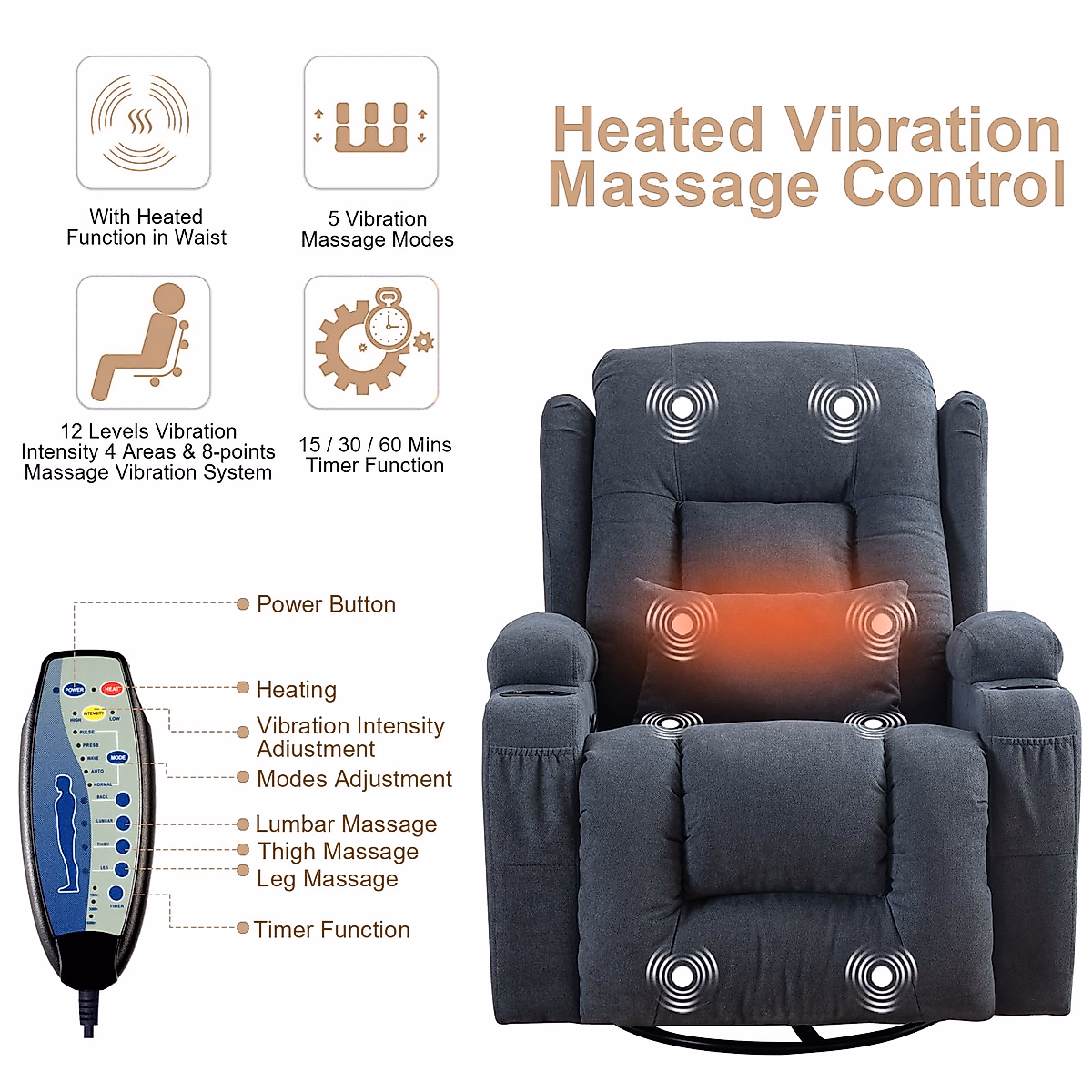 IPKIG Recliner Chair, Massage Swivel Rocker Recliner Chairs with Vibration Massage and Heat, Rocking Function, Side Pocket, 2 Cup Holders, Lumbar Pillow, Ergonomic Lounge Chair for Living Room (Blue)