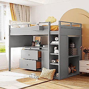 BIADNBZ Wooden Twin Size Loft Bed with Storage Drawers,Rolling Cabinet and Desk,Basket for Bedroom/Teens,Gray