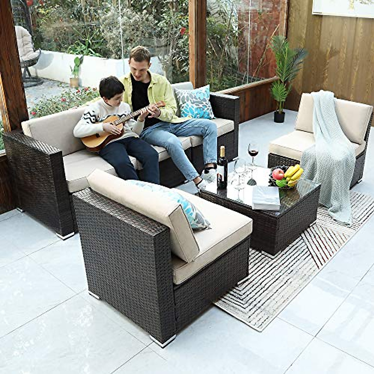 YITAHOME 6 Piece Outdoor Patio Furniture Sets, Garden Conversation Wicker Sofa Set, and Patio Sectional Furniture Sofa Set with Coffee Table and Cushion for Lawn, Backyard, and Poolside, Brown