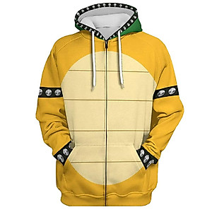 JMOBEU Bowser Cosplay Costume Hoodie,Bowser Costume Hoodie 3D Printed Hooded Sweatshirt Movie Pullover For Adult and Men(yellow+zipper,S)