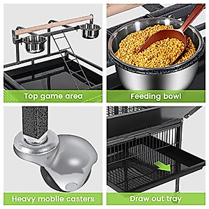 61'' Bird Cage, Large Bird Flight Cages Aviary with Rolling Stand & Bottom Tray, Wrought Iron Birdcage with PlayTop & Rope Bungee Bird Toy for Parakeet, Parrot, Lovebirds, Pigeons, Cockatiels, Macaw