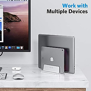 OMOTON [Updated Dock Version] Vertical Laptop Stand, Double Desktop Stand Holder with Adjustable Dock (Up to 17.3 inch), Fits All MacBook/Surface/Samsung/HP/Dell/Chrome Book (Silver)