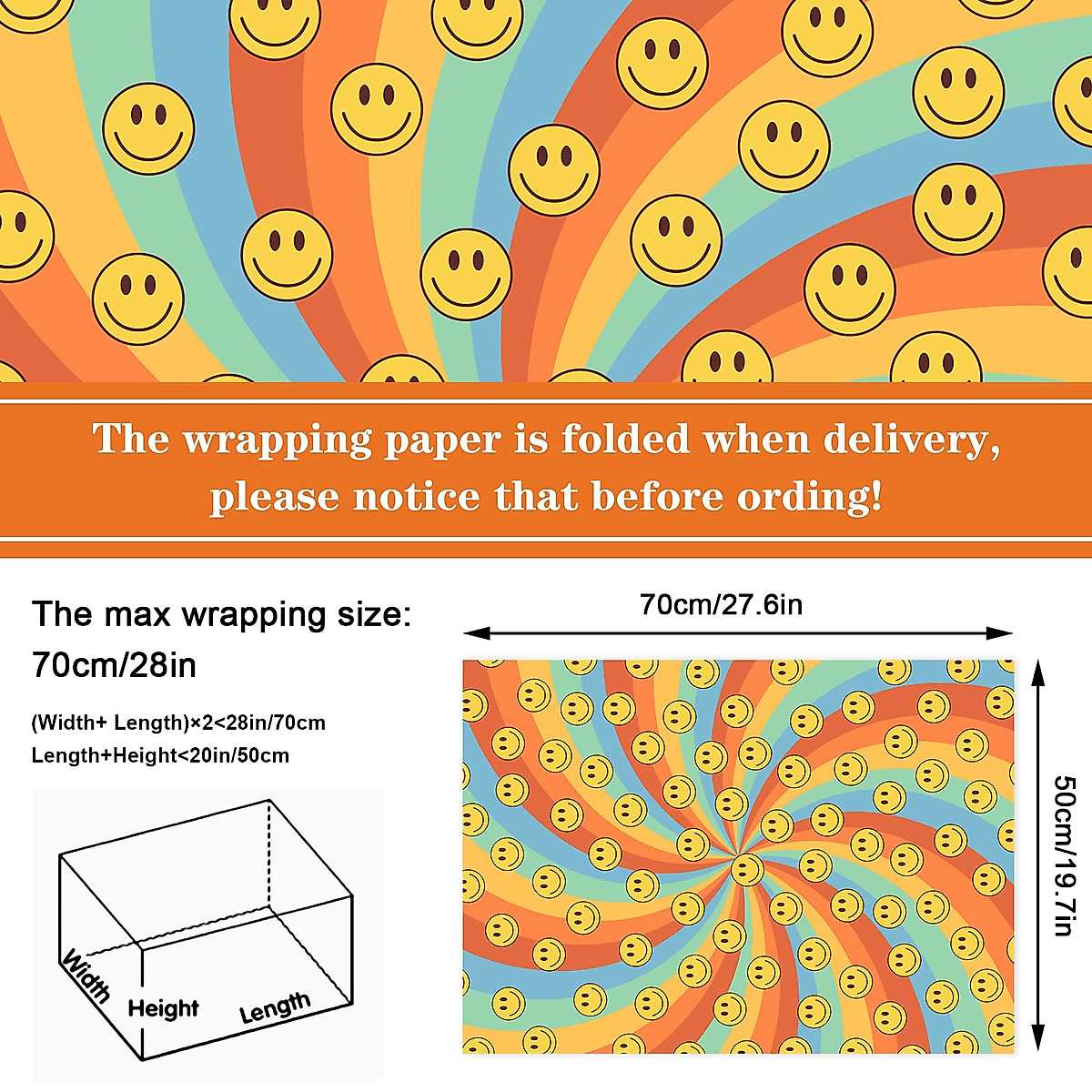 Whaline 12Pcs Retro Groovy Wrapping Paper Bright Funny Face Flower Checkered Gift Wrap Bulk Boho Art Paper Folded Flat for Baby Shower Birthday Wedding DIY Crafts Gift Packing, 19.7 x 27.6 Inch