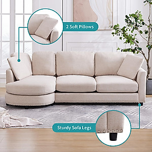 BALUS 89''W Sectional Sofa Couch with Chaise,Cloud Couch 3 Seat L-Shaped Sofa with 2 Throw Cushions, Modern Linen Fabric Beige Sectional Couches for Living Room