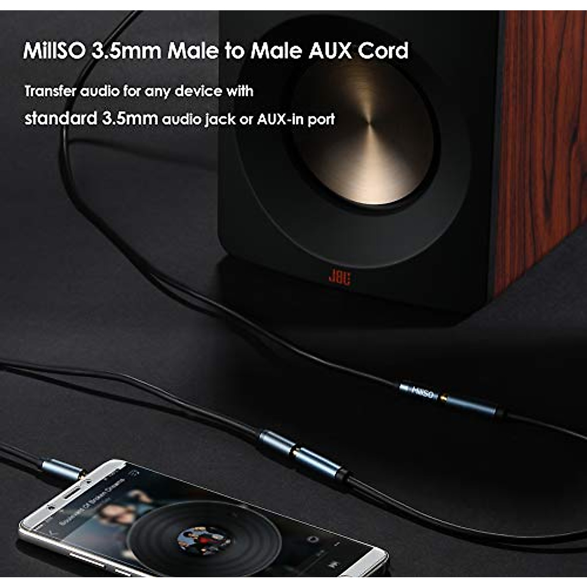 MillSO 3.5mm Audio Cable (6.6 Feet) Male to Male Stereo AUX Cable TRS Headphone Jack Auxiliary Cable for AUX Cord, Car, Home Stereos, Smartphone, Tablet, MP3 Player, Speaker, Headphone - Metal Blue