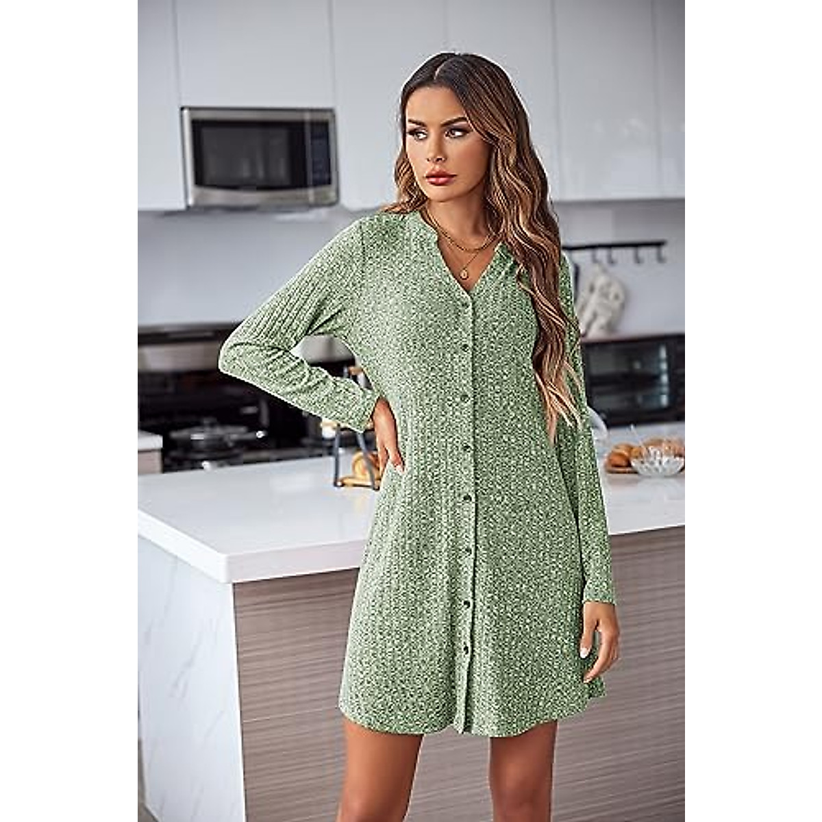 Ekouaer Warm Nightgowns for Women Long Sleeve Sleepshirt V Neck Sexy pj dress Button Down Sleepwear Green