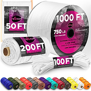 TECEUM Paracord Type IV 750 lb White – 50 ft – 4mm – 100% Nylon Strong Tactical MIL–SPEC Parachute Cord – Survival Rope Emergency Para Cord 11 Strands Core EDC Camping Hiking Military Gear 007a n