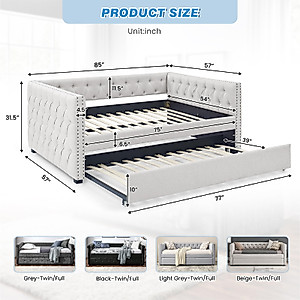 Antetek Daybed with Trundle, Modern Upholstered Full Size Button-Tufted Sofa Bed Frame with A Roll-Out Trundle, No Box Spring Needed, Furniture for Bedroom Living Room Guest Room (Beige, Full)