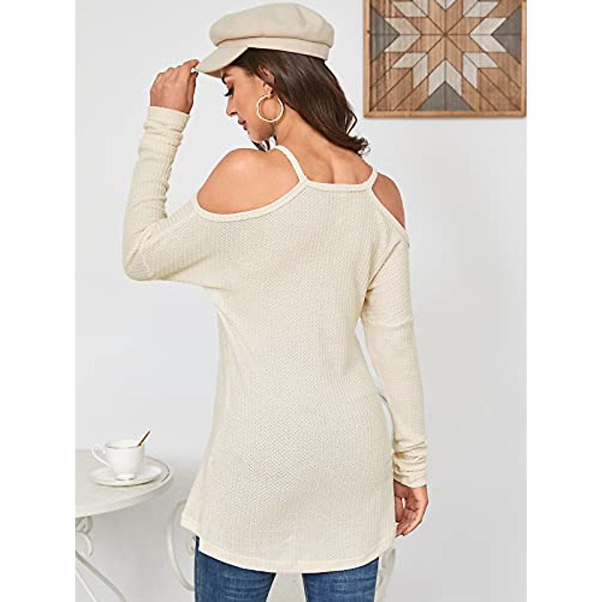 YOINS Pullover Sweaters for Women Jumpers Sexy V Neck Cold Shoulder Long Sleeves Casual Loose Fashion Knitted Tee Tops Blouse NEWVSN001-Beige S