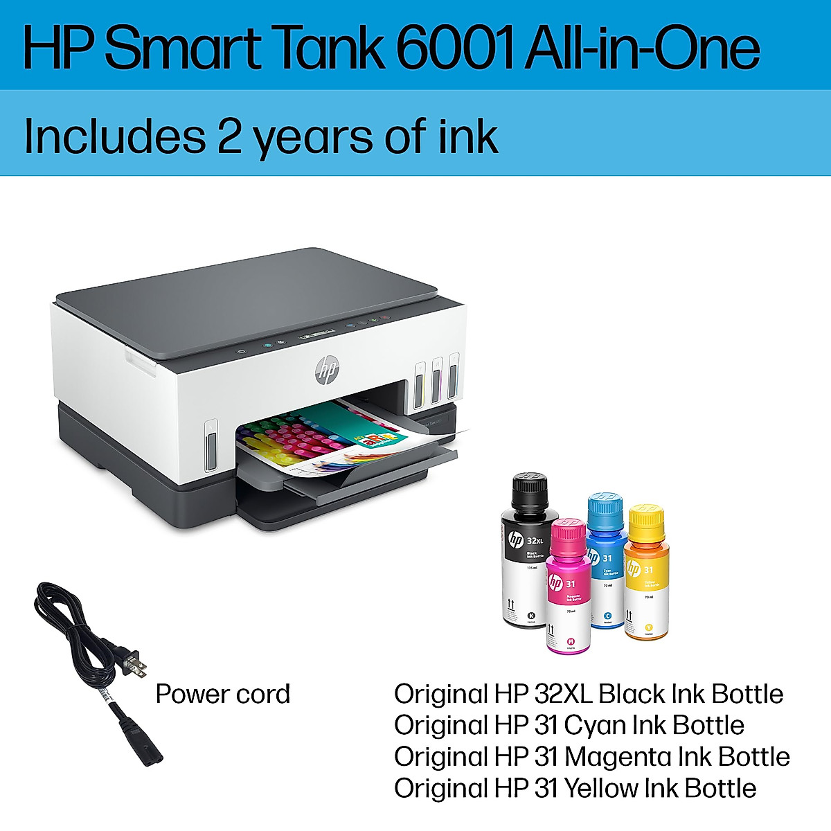 HP Smart -Tank 6001 Wireless All-in-One Cartridge-free Ink Printer, up to 2 years of ink included, mobile print, scan, copy (2H0B9A)