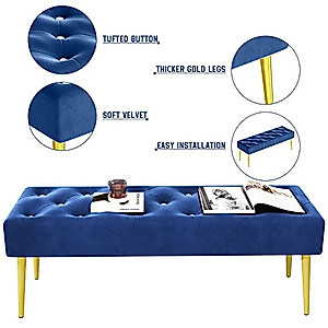 Lamerge Velvet Entryway Bench, Modern Upholstered Tufted Ottoman Stool with Embedded Crystal, Footrest Accent Bench end of Bed Stool for Doorway, Living Room, Lock Room, Bedroom 44"×15"×18" (Blue)