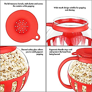 The Original Korcci 3 Quart Microwave Glass Popcorn Popper, Borosilicate Glass, Dishwasher Safe, 3-in-1 Silicone Lid, BPA Free, Family Size (Red)