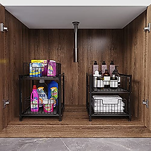 GCWPINFO Under Sink Organizers and Storage,2-Tier Pull-Out Cabinet Organizer with Sliding Drawers,Stackable Under Sink Organizer for Kinchen&Bathroom(Black)