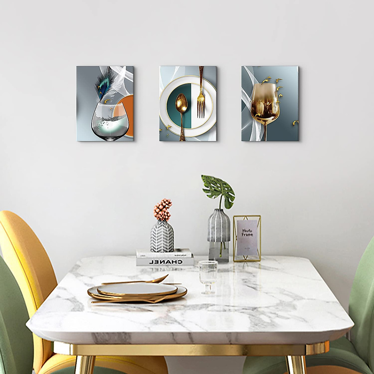 Canvas Wall Art for Dining Room Kitchen Wall Decor Teal Gold Wine Glass Pictures Abstract Wine Cups Paintings Geometric Kitchenware Posters Modern Home Decorations Family Bar Pub Artwork 12x16" 3 Pcs