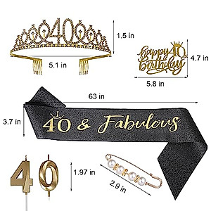 40th Birthday Decorations for Women，Gold 40 Birthday Crown Tiara ，Cake Topper, 40 & Fabulous Birthday Sash with Peal Pin and Birthday Candles Kit,40th Birthday Gifts for Women