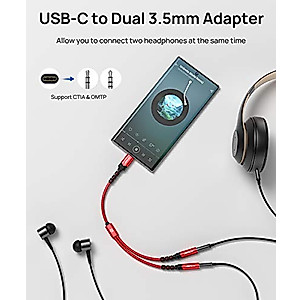JSAUX USB C Microphone Adapter, USB C to Dual 3.5mm Female Aux Headphone Jack Y Splitter Mic Audio Adapter, Compatible with Samsung Galaxy S21/S20 ,Pixel 4/3/2 XL,Huawei P40/P30 Pro/P20,Oneplus 7-Red