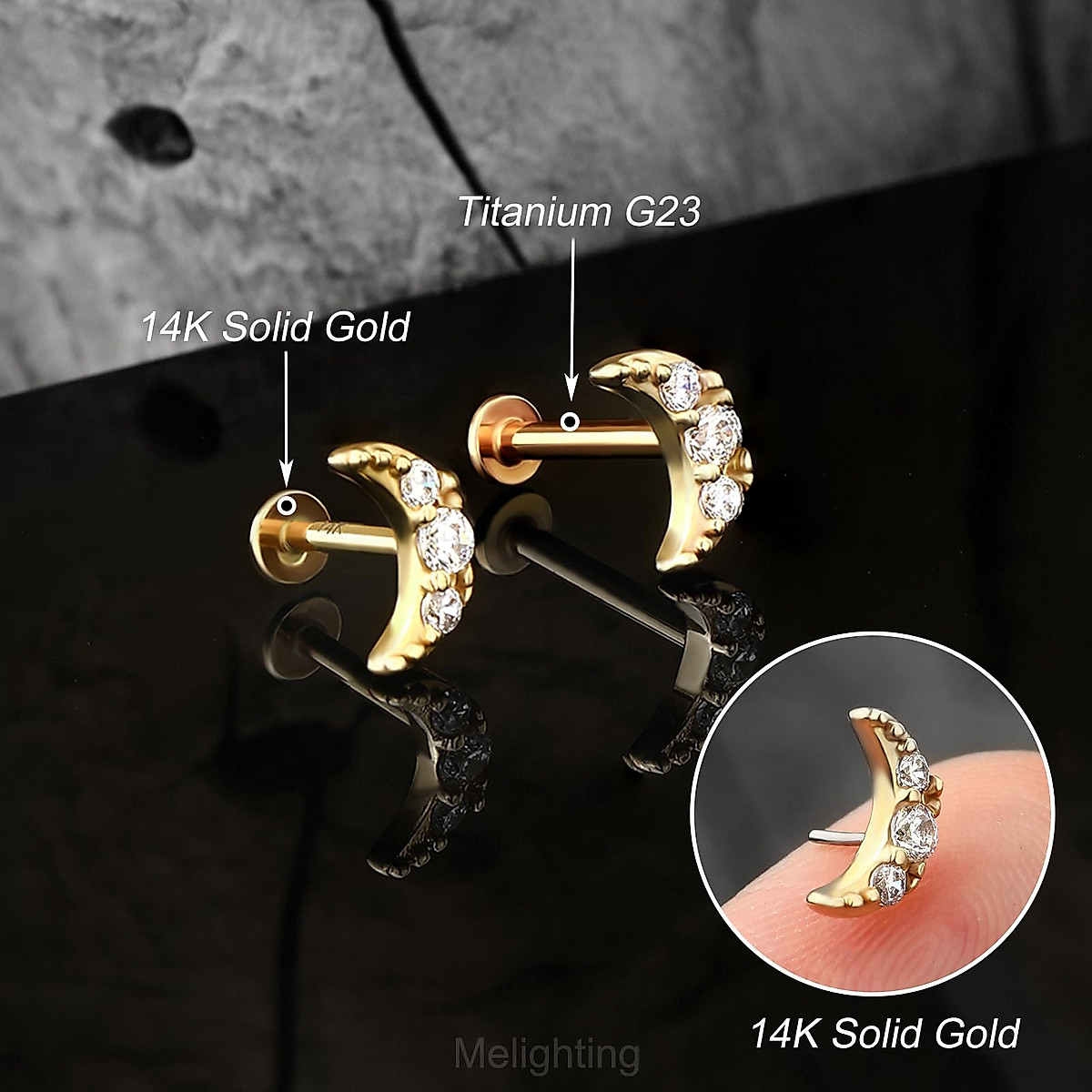Melighting 14K Solid Gold Moon Earring, 16G Threadless Flat Back Earring with Titanium Post, CZ Stone, for Women