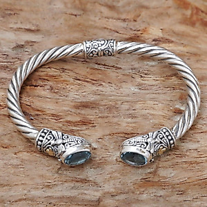 NOVICA Artisan Handmade Gold Accented Blue Topaz Cuff Bracelet from Indonesia [18 in L 2 mm W Pendant(s) 1.3 in L x 0.9 in W x 0.2 in D] ' Dragonfly Den in Blue'