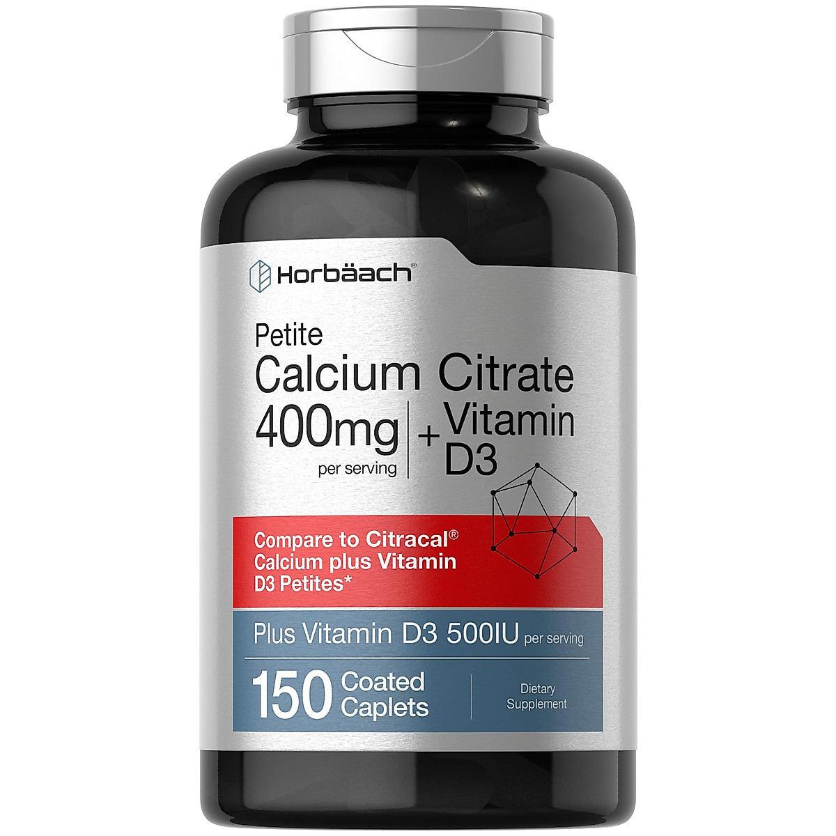 Horbäach Calcium Citrate with Vitamin D3 | 150 Petites | Vegetarian Supplement | Non-GMO, Gluten Free