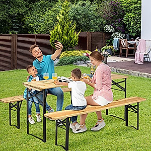 Goplus Foldable Picnic Table with Benches, 3-Piece 70” Portable Beer Garden Table with Sturdy Steel Frame, Folding Wooden Picnic Tables for Outdoors, Patio, Backyard