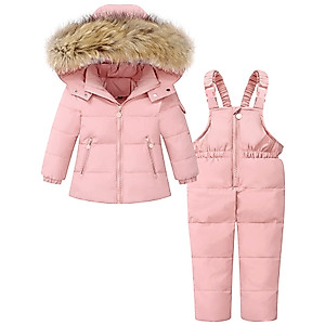 DISAUR Baby Girl Snowsuit Down Jacket Toddler Girls' Windproof Snow Wear,Kids Coat Hooded With Warm Snowbib Pants Skiing Set (Pink,3-4T)
