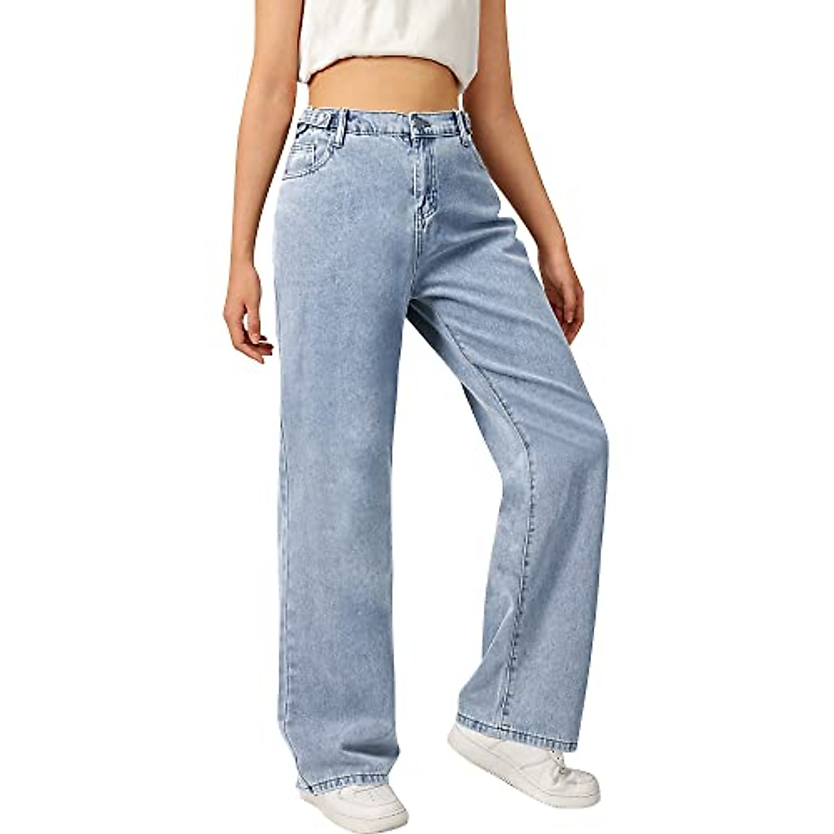 SANGTREE Girls Wide Leg Jeans Elastic Waist Denim Pants Baggy Jeans for Girls, Light Blue, 13-14 Years = Tag 170