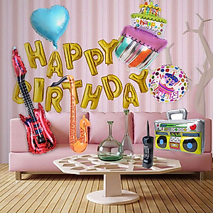 Inflatable Rock Star Toy Set, 7 Pack Inflatable Boom Box Mobile Phone Guitar Bass Party Props for 80's 90's Party Decorations, Rock and Roll Party Favors Supplies, Christmas Birthday Party Gifts.