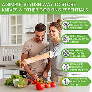 Magnetic Knife Holder Strip for Wall and Kitchen Utensil Holder-16inch Powerful Stainless Steel Magnetic Knife Rack with Hanger Hook Strip Plus Carbon Sharpener