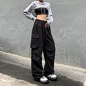 Linsennia Parachute Pants for Womens Wide Leg Cargo Pants Y2k with Pockets Baggy Casual Harajuku Streetwear Goth