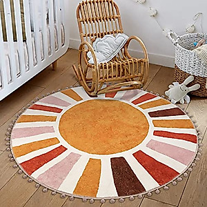 LIVEBOX Retro Sun Round Rug 4 ft,Colorful Boho Rug for Bedroom,Living Room, Cute Circle Area Rug Washable Nursery Rugs for Kid’s Room, Non-Slip Circular Indoor Floor Mat for Entryway