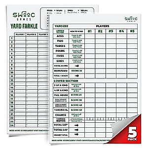 SWOOC Games - 5 Big Laminated Yardzee & Farkle Score Cards (11.5in x 8in) with Rules - Large Reusable Dry Erase Pads for Giant Outdoor Dice Games - Jumbo Score Sheet for Yardzee and Farkle