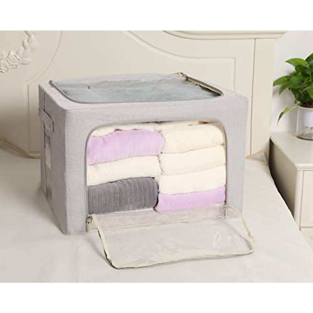 2 Pack Clothes Storage Bins - Foldable Metal Frame Storage Box - Stackable Linen Fabric Organizer Set with Carrying Handles