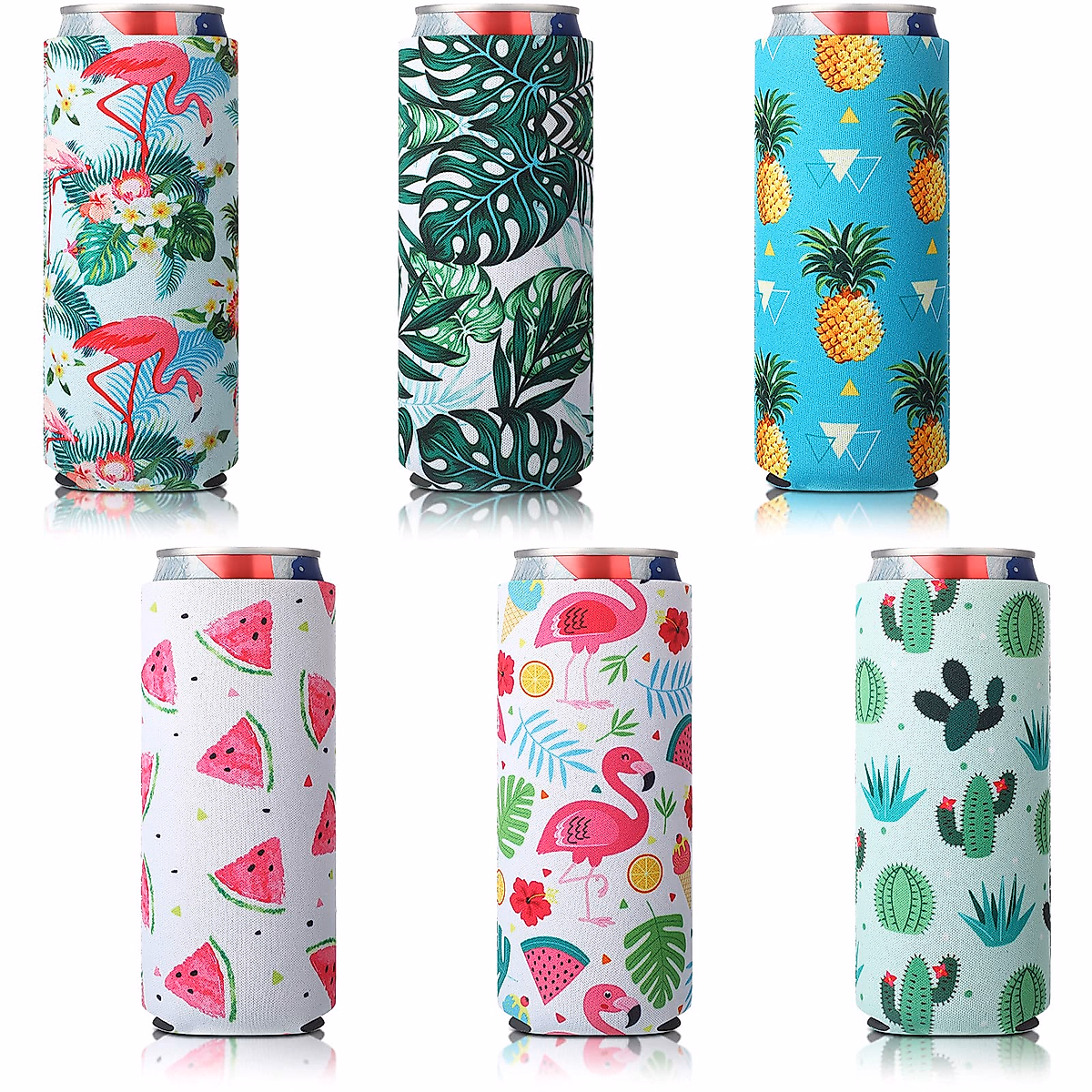 Slim Can Sleeves, Reusable Neoprene Bottle Insulator Sleeve, 12 oz Beverage Can Coolers for Energy Drink and Beer Cans, 6 Pieces (Hawaii Style)